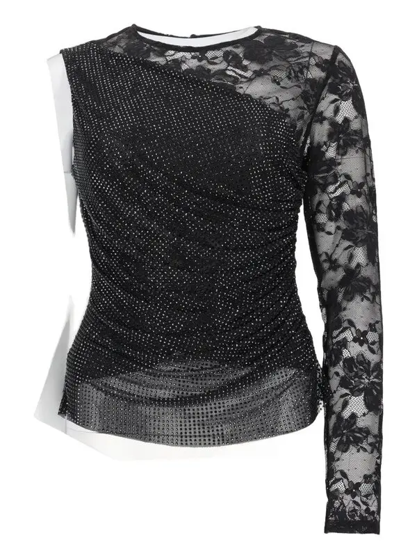 SELF-PORTRAIT Asymmetric One-sleeve Lace Embellished Top - Black