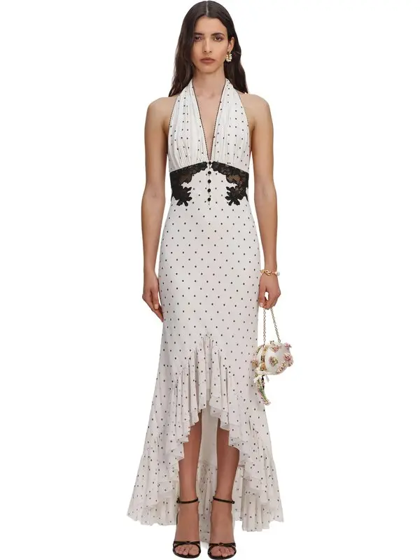 SELF-PORTRAIT Halterneck Polka Dot Midi Dress With Lace Trim - Bianco