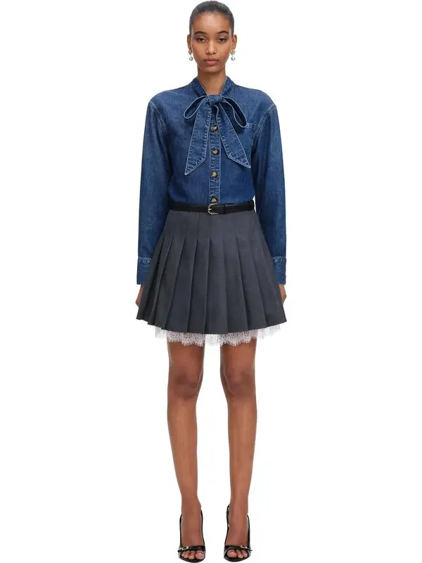 SELF-PORTRAIT Bow Neck Mini Shirt Dress - Blu