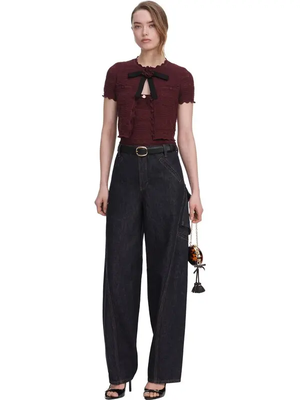 SELF-PORTRAIT Cropped Button-down Shirt With Bow Detail - Marrone
