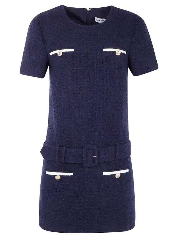 SELF-PORTRAIT Boucle Mini Dress With Belt - Blue