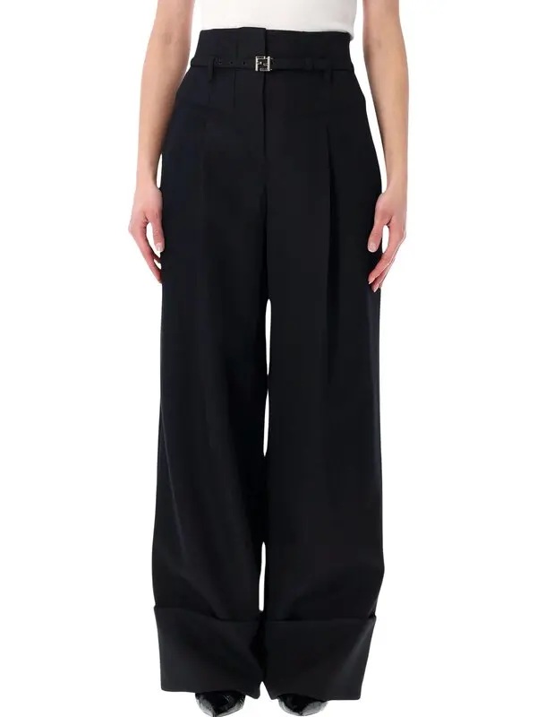 Fendi Wool High-waisted Pleated Wide-leg Trousers With Ff Buckle Belt - Black