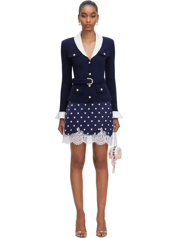 SELF-PORTRAIT Ribbed Knit Button-down Sweater With Removable Belt - Blu