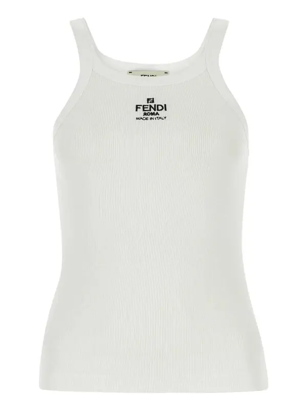 Fendi Ribbed Slim Fit Sleeveless Top With Logo - White
