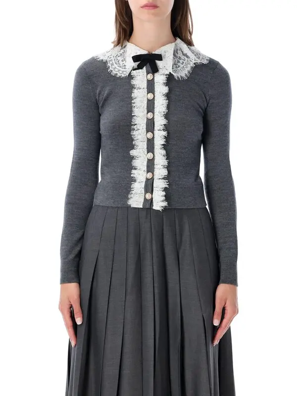 SELF-PORTRAIT Button-front Wool Sweater With Lace Trim And Bow Detail - Grigio