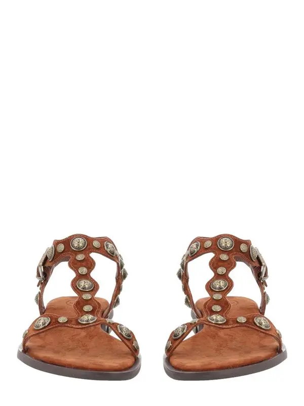 Ash Embellished Strappy Flat Sandals With Medallion Accents - Brown