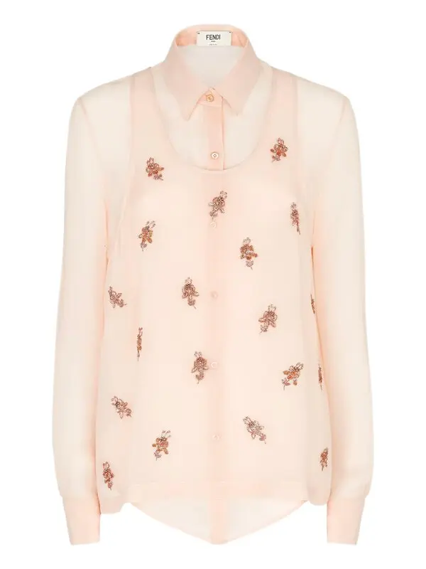 Fendi Asymmetric Floral Embellished Silk Shirt - Rosa