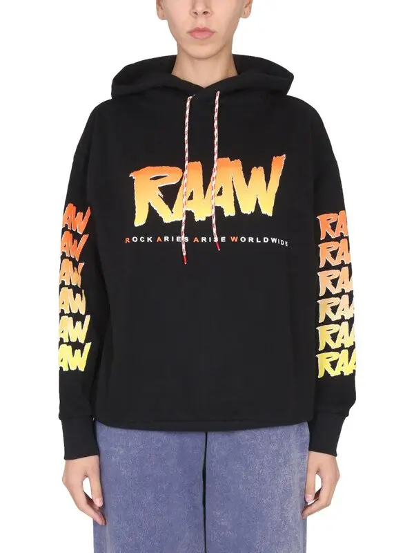 Aries Logo Print Hooded Sweatshirt - Black
