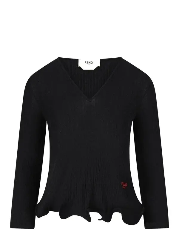 Fendi Long Sleeve V-neck Wool Top With Embroidered Logo - Black
