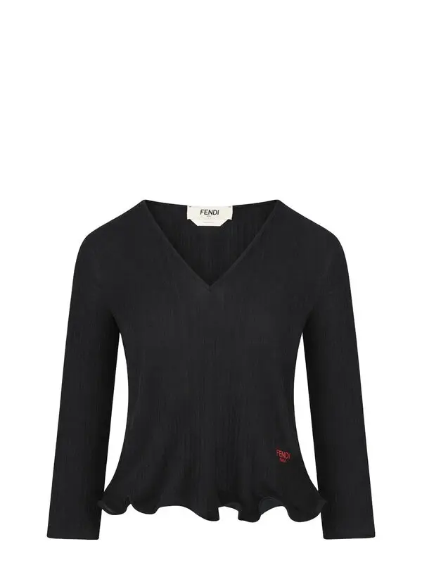 Fendi Virgin Wool Ribbed V-neck Top With Ruffled Hem - Black