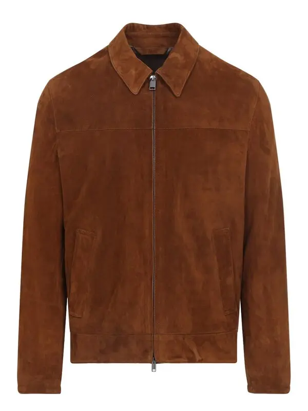 Brioni Suede Leather Zip-up Jacket With Classic Collar - Brown