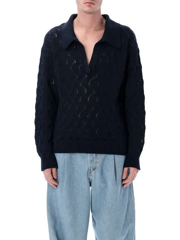 Dries Van Noten Mercerized Cotton Lace Stitch Polo Sweater - Blue