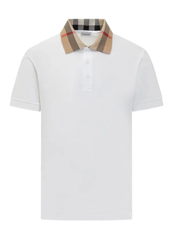 Burberry Check Collar Cotton Polo Shirt - Chalk White
