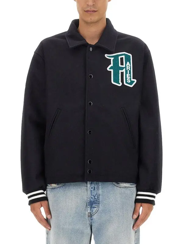 Aries Wool Varsity Jacket With Chest Logo Patch - Black