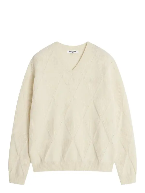 Maison Kitsuné Textured Wool Argyle V-neck Pullover - Ecru
