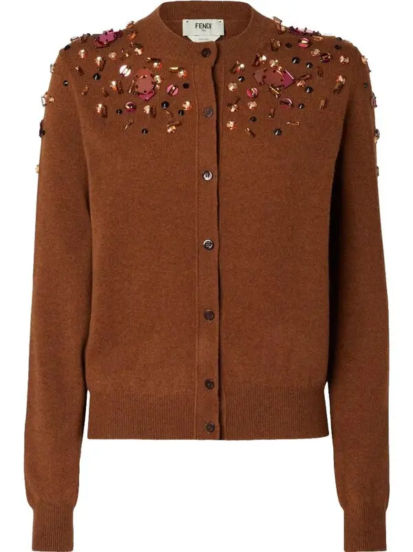 Fendi Embellished Wool-cashmere Blend Cardigan - Brown
