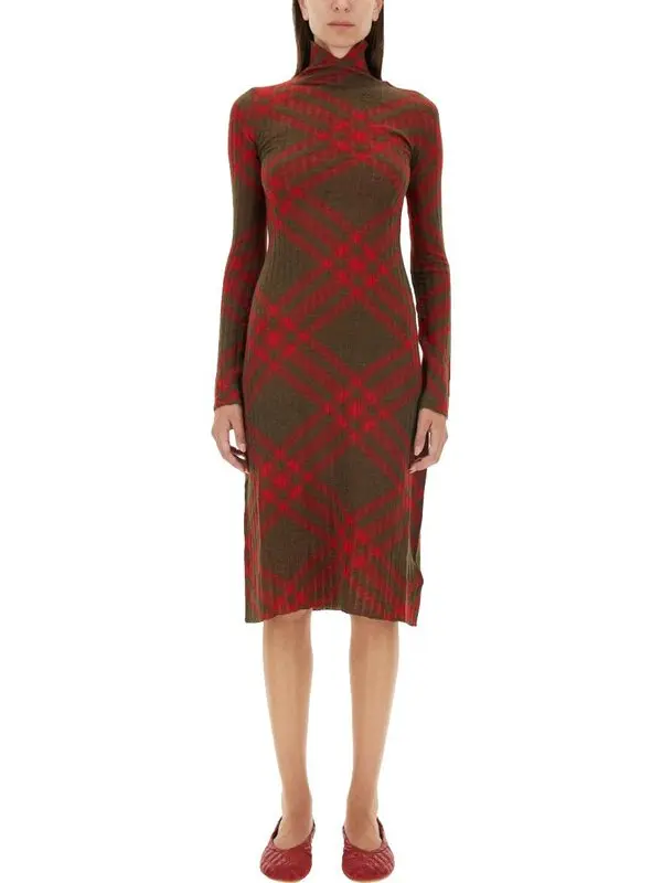 Burberry Long Sleeve Checked Wool Blend High Neck Dress - Red