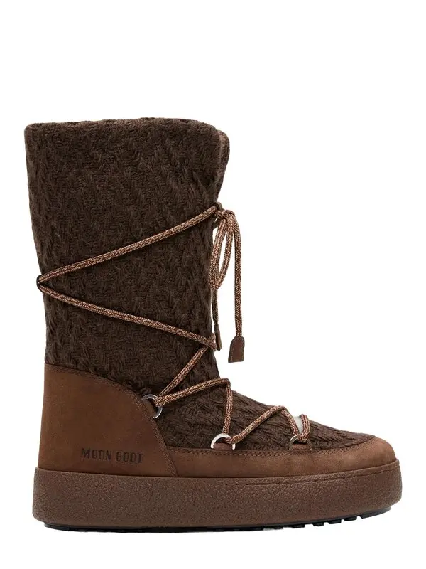 Moon Boot Knit Lace-up Boots With Non-slip Sole - Marrone