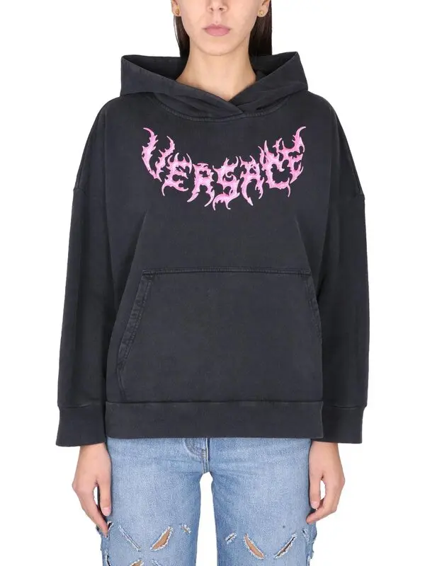 Versace Logo Print Cotton Hoodie - Black