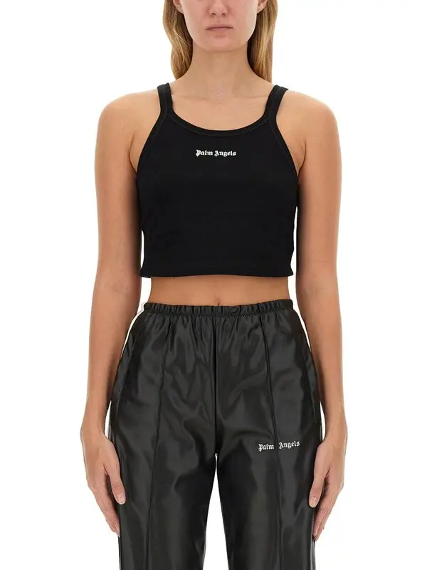 Palm Angels Logo Embroidered Ribbed Tank Top - Black