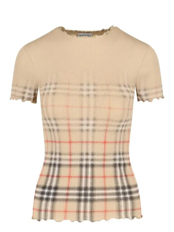Burberry Short-sleeved Ribbed Top With Gathered Edges And Check Print - Beige