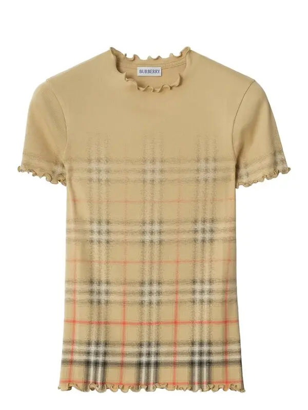 Burberry Short-sleeved Ribbed Top With Gathered Edges And Check Print - Beige