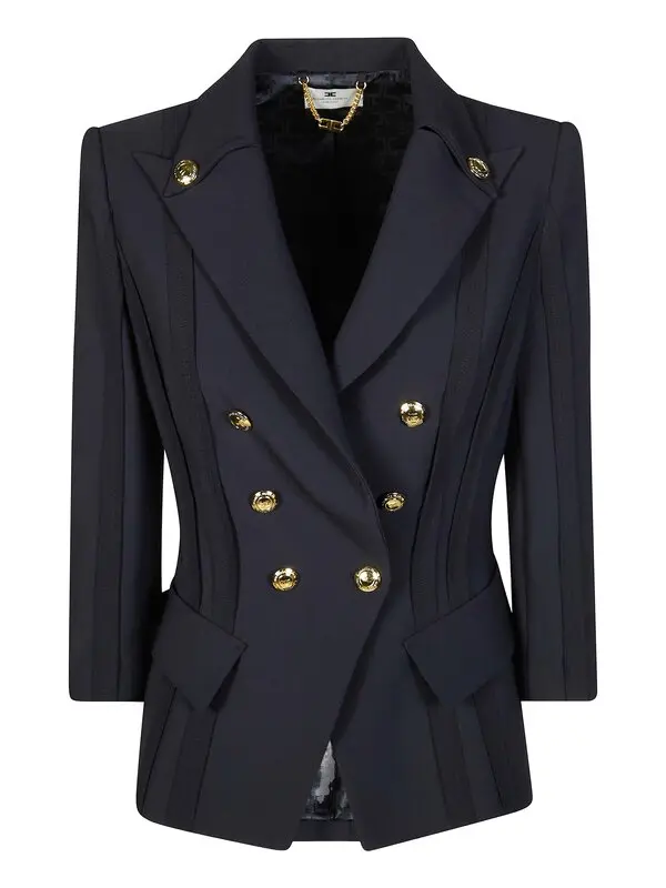 Elisabetta Franchi Double-breasted Jacket With Raw-edge Trims In Stretch Crêpe - Nero