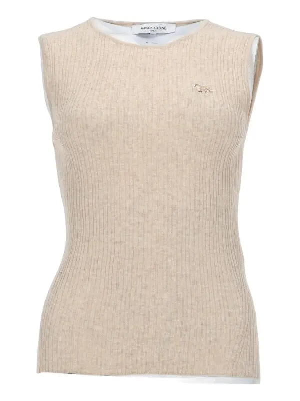 Maison Kitsuné Ribbed Sleeveless Knit Top - Beige