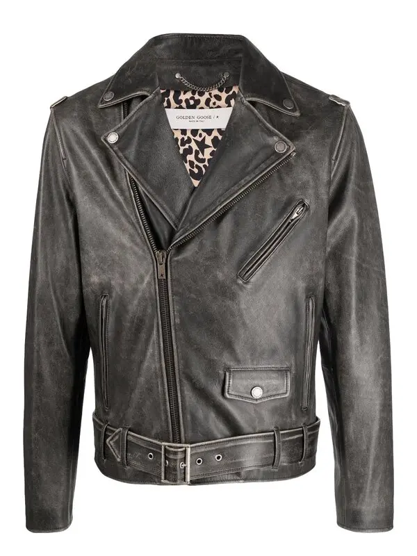 GOLDEN GOOSE Hammered Leather Biker Jacket With Belt - Black