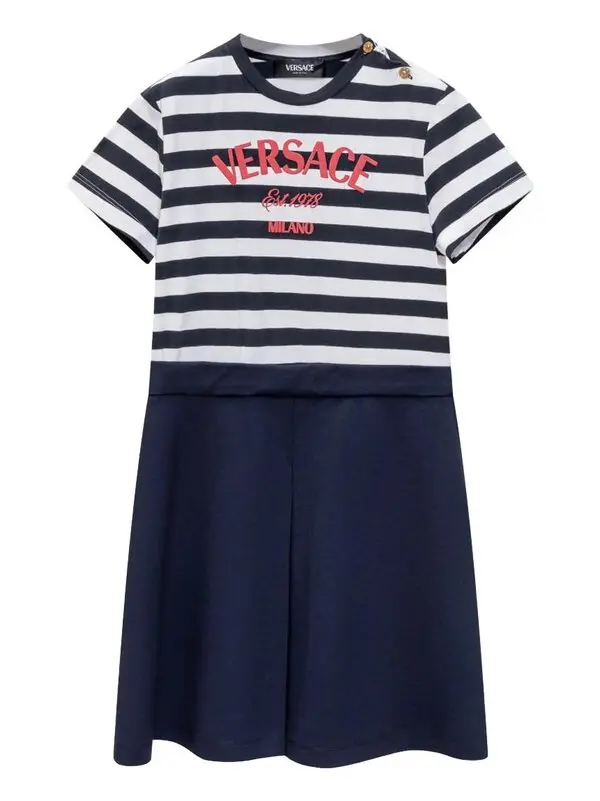 Versace Cotton Blend Mini Dress With Striped Top - Blue
