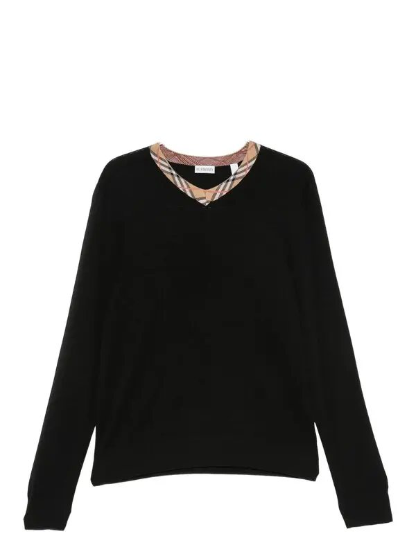Burberry Knit V-neck Sweater With Check Trim - Nero