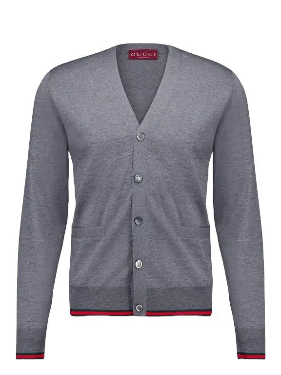 Gucci Wool Knit Cardigan With Web Detail - Blue