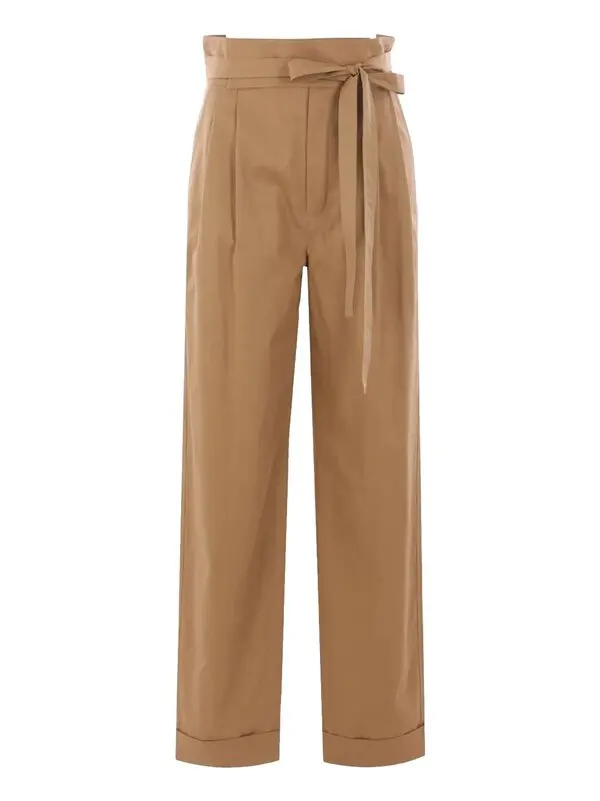 Saint Laurent Belted Pleated Straight Leg Cotton Pants - Beige