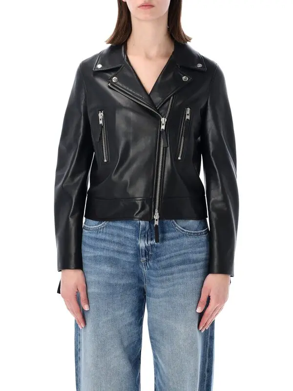 SWORD 6644 Cropped Zip-front Leather Jacket - Black