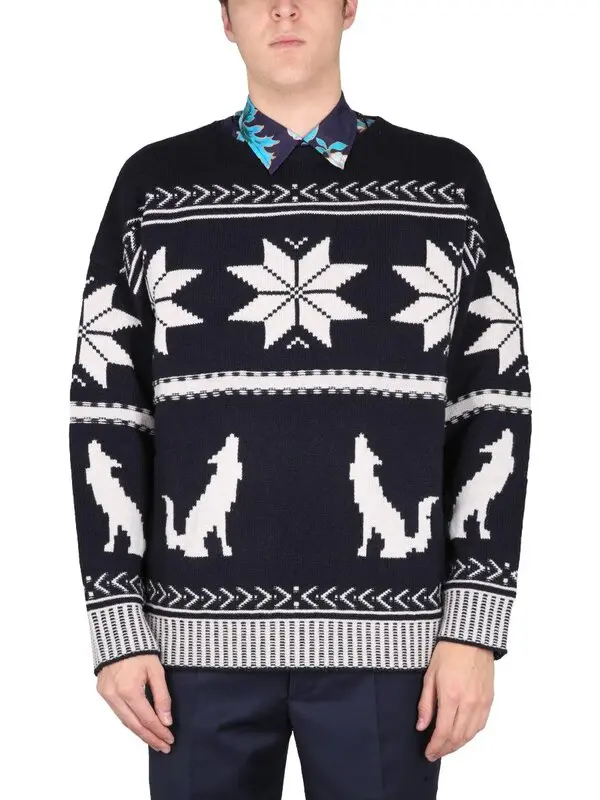Etro Intarsia Wolf And Snowflake Patterned Crewneck Sweater - Blue