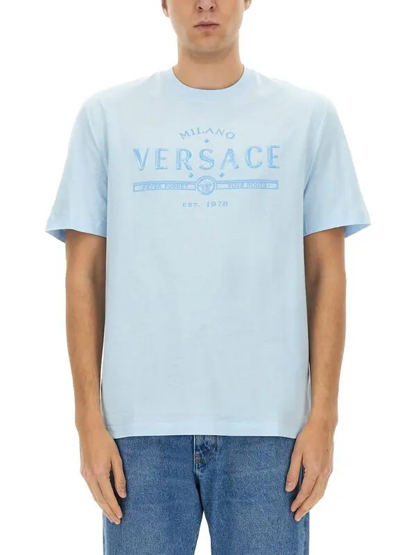 Versace Cotton T-shirt With Logo - Azure