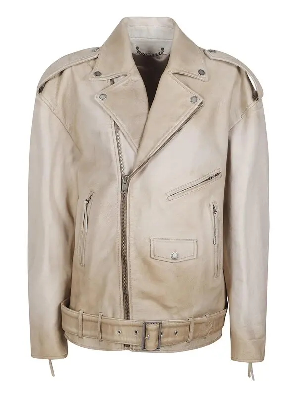 GOLDEN GOOSE Leather Biker Jacket With Buckled Belt And Shoulder Pads - Beige