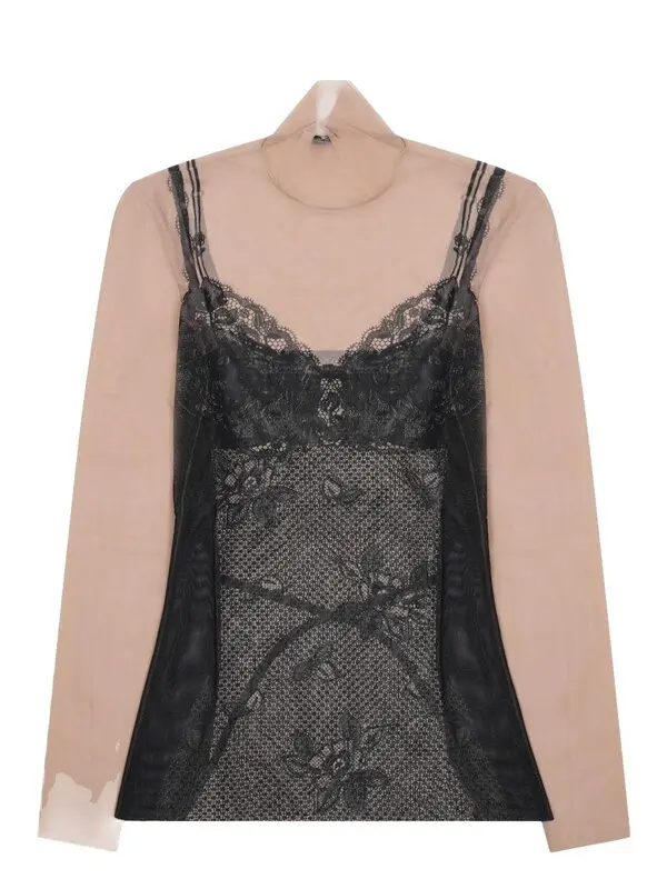 Balenciaga Sheer Lace-trim Long Sleeve Top - Black