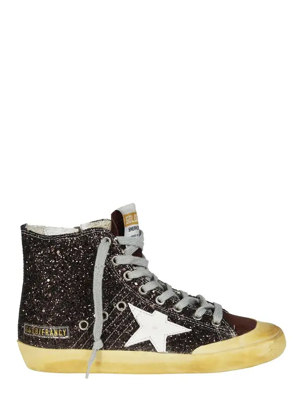 GOLDEN GOOSE Glitter Upper Suede Toe Leather High Top Sneakers - Marrone