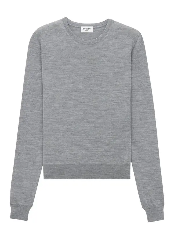 Saint Laurent Fitted Crew Neck Sweater With Cassandre Embroidery - Grey