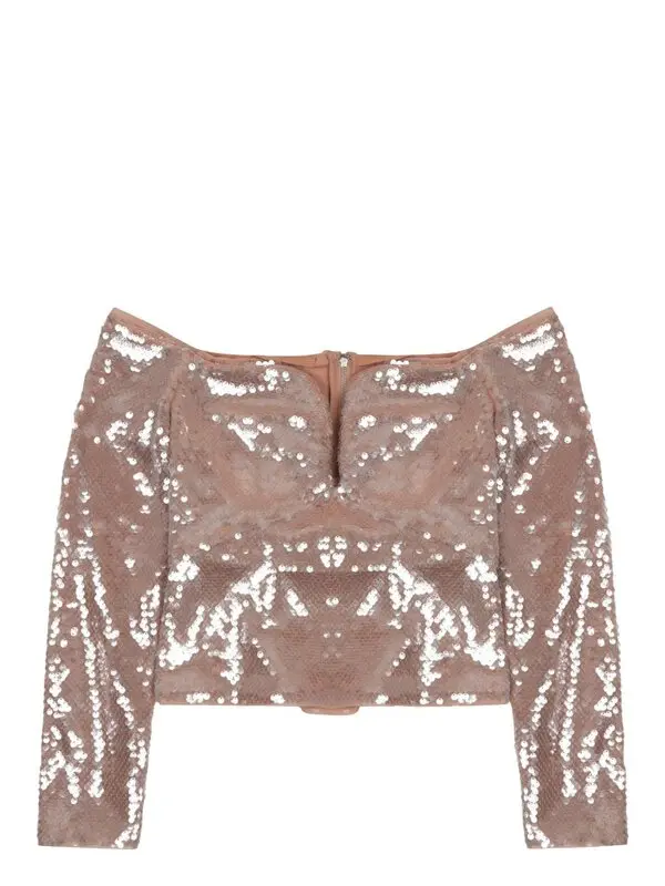 SELF-PORTRAIT Sequined Off-shoulder Long-sleeve Top - Beige