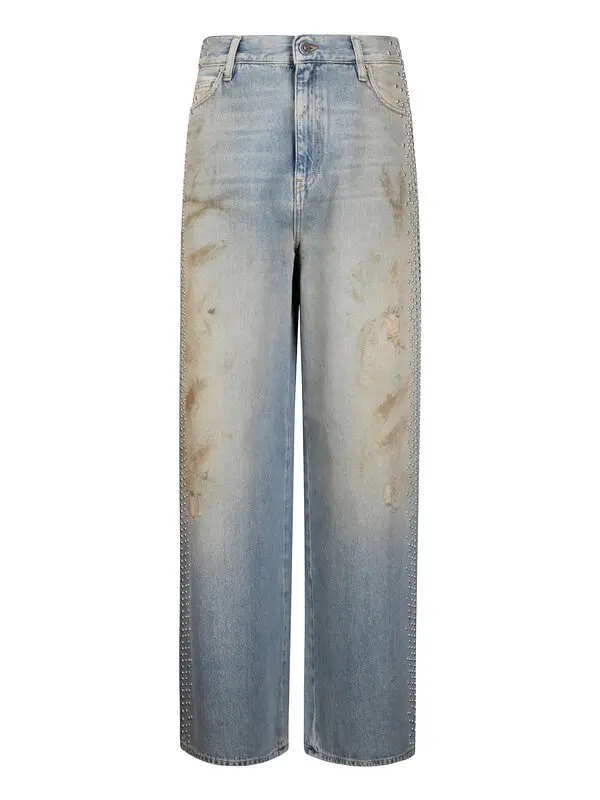 GOLDEN GOOSE Wide-leg Distressed Embellished Jeans - Blu