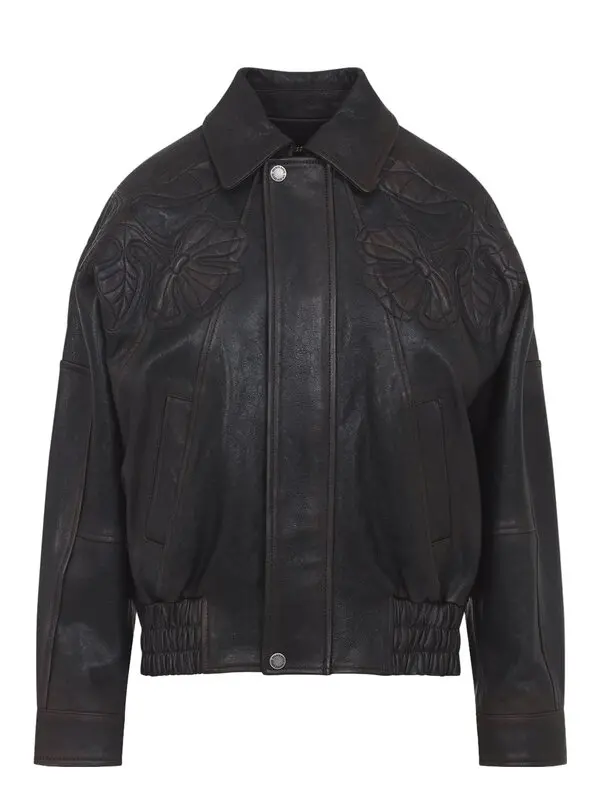 GOLDEN GOOSE Nappa Leather Bomber Jacket With Floral Embroidery - Black