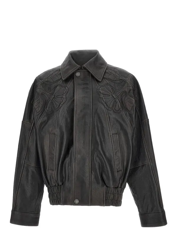GOLDEN GOOSE Nappa Leather Bomber Jacket With Floral Embroidery - Brown