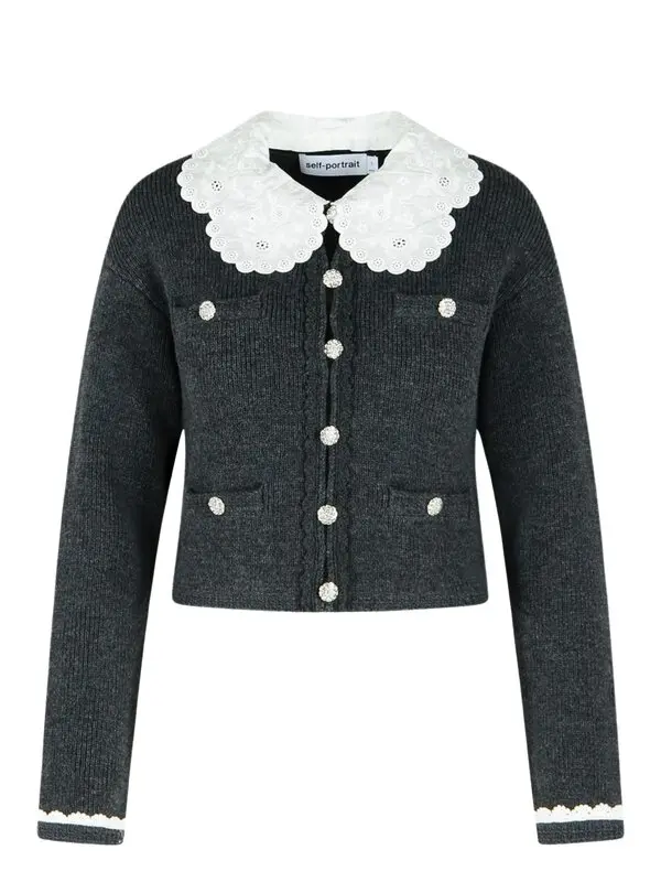 SELF-PORTRAIT Lace Collar Cardigan - Grey