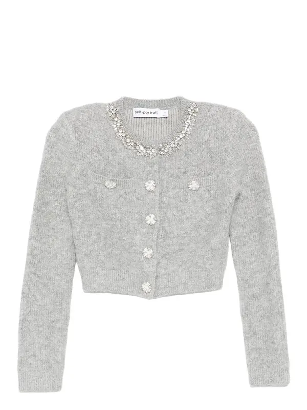 SELF-PORTRAIT Crystal-embellished Ribbed-knit Cardigan - Grey