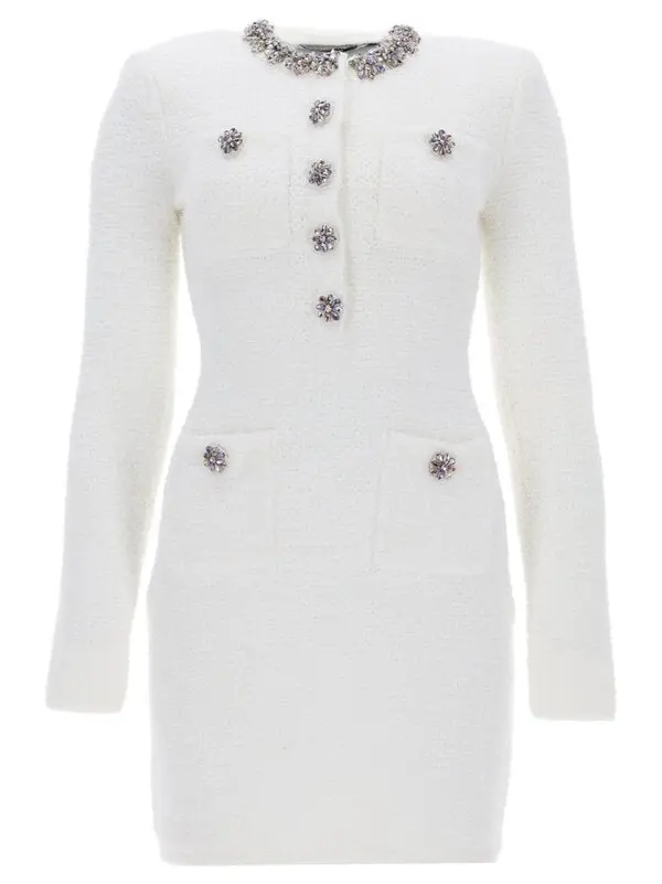 SELF-PORTRAIT Crystal Trim Knit Mini Dress - White