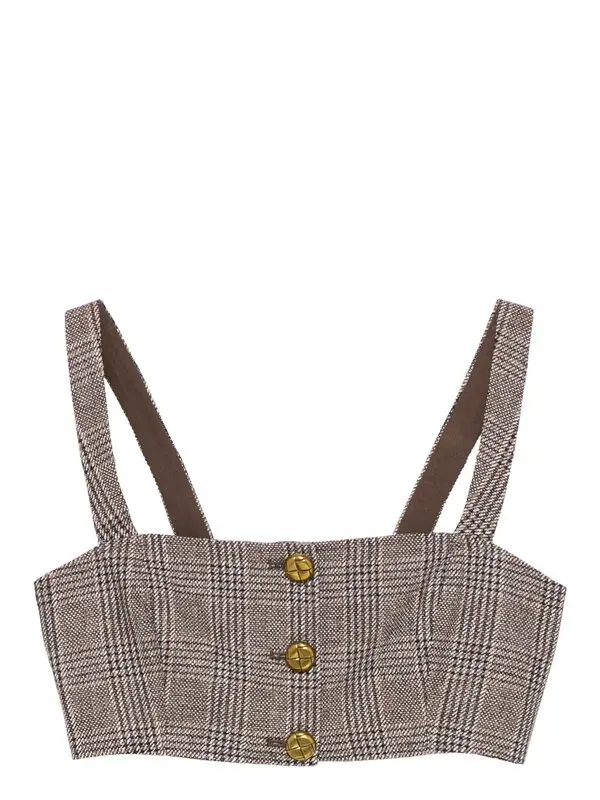 SELF-PORTRAIT Checkered Button-up Top With Gathered Back - Brown