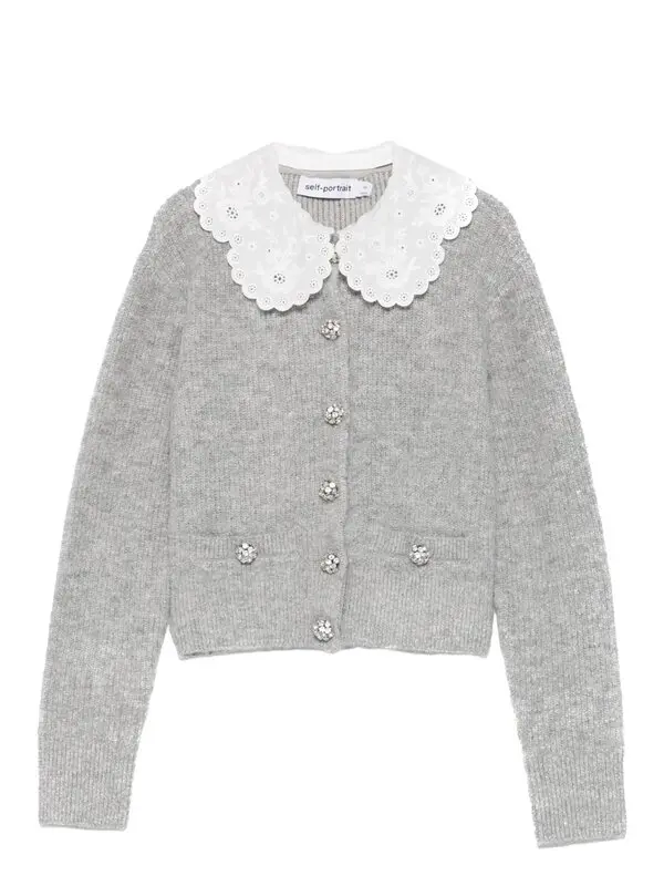 SELF-PORTRAIT Embellished Scalloped Collar Cardigan - Grey