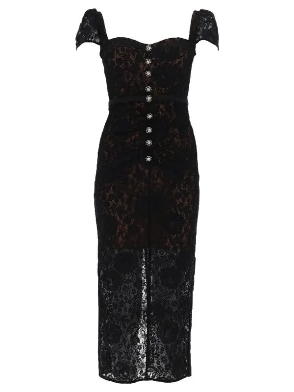 SELF-PORTRAIT Lace Trimmed Button Detailed Midi Dress - Black